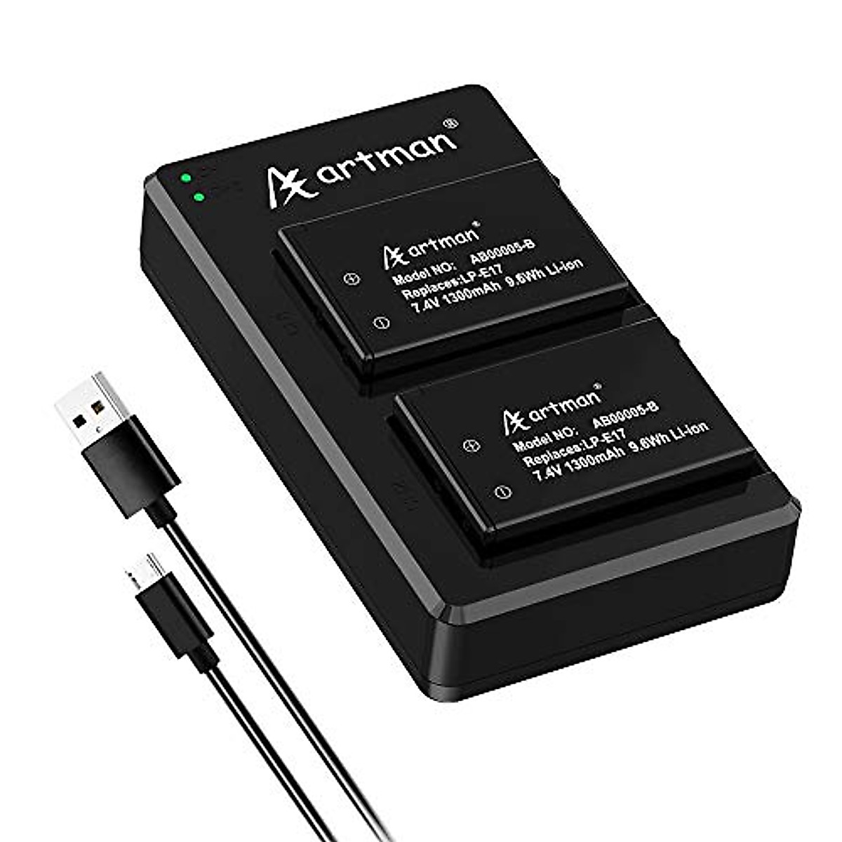 Artman LP-E17 Battery 2-Pack and USB Dual Charger Kit for Canon Eos RP R10 Rebel T8i T7i T6i T6s SL2 SL3 EOS M6 M5 M3 77D 200D 750D 760D, 800D 8000D KISS X8i DSLR Camera (Black)