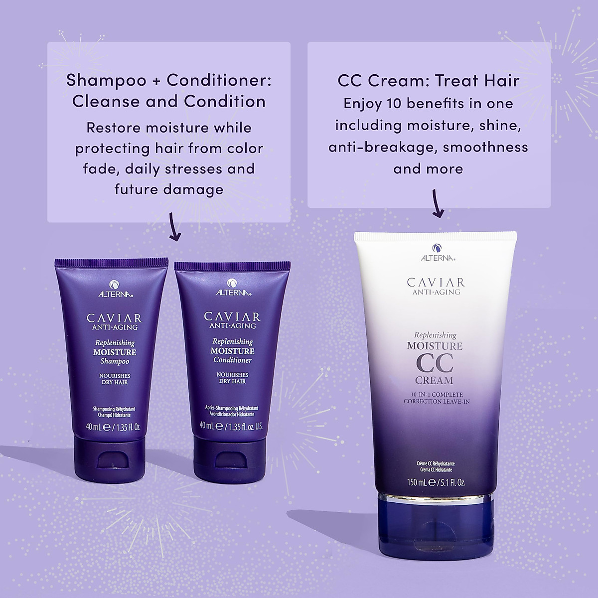 Caviar Anti-Aging Style & Shine Replenishing Moisture Gift Set |CC Cream 5.1oz with Travel Size Moisture Shampoo and Conditioner | Protects, Restores & Hydrates | Sulfate Free