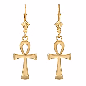 10k Yellow Gold Egyptian Ankh Cross Leverback Earrings