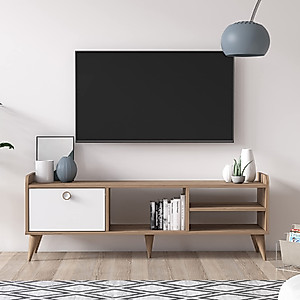 Ruumstore Vena TV Stand 55'', with 1 Flip Door and 3 Shelves, TV Stand for Media, Natural Oak Colour