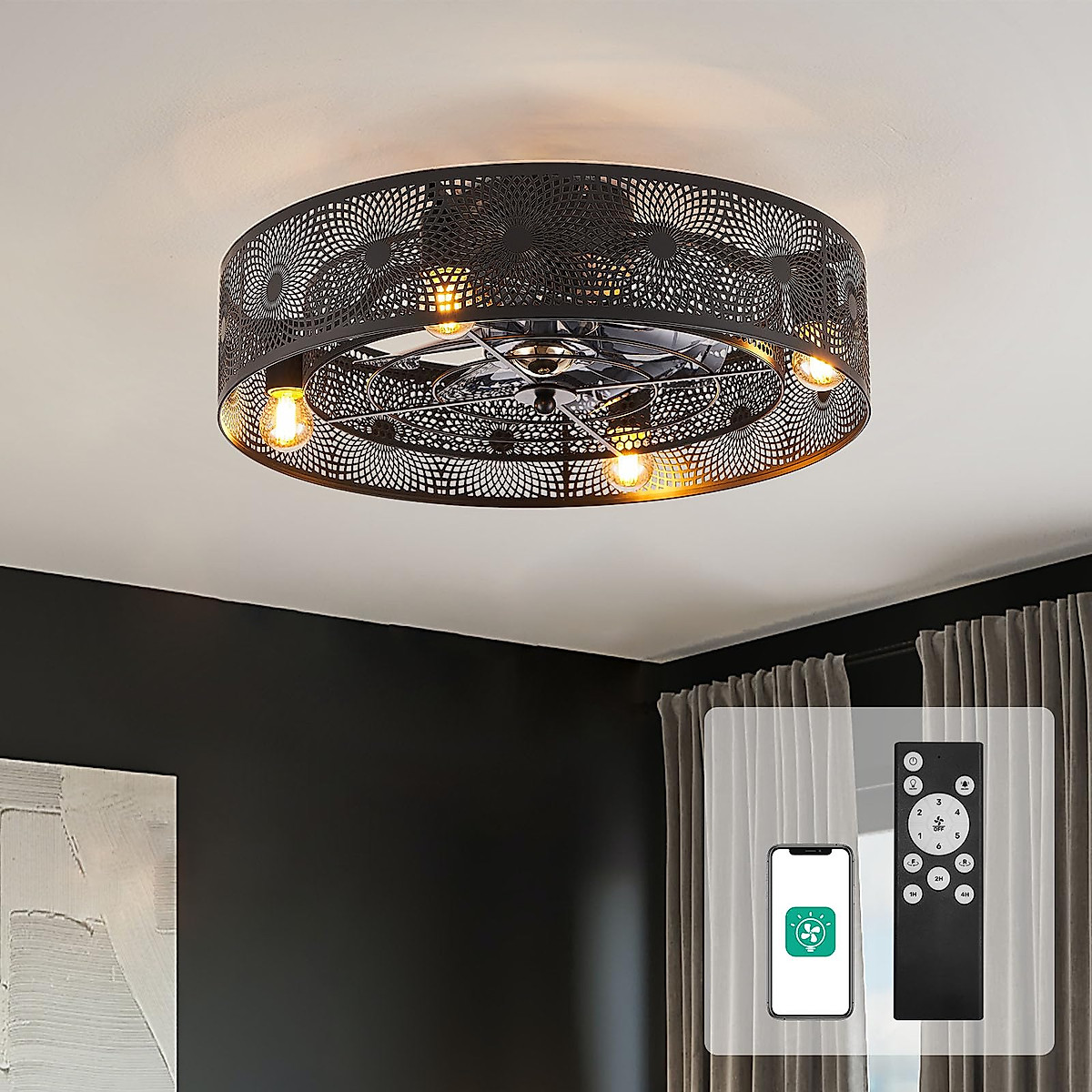 Orison 20 Inch Caged Ceiling Fan with Light, Black, 6 Speeds, Timer, Reversible Motor, Industrial Low Profile Ceiling Fan for Living Room, Bedroom, Kitchen