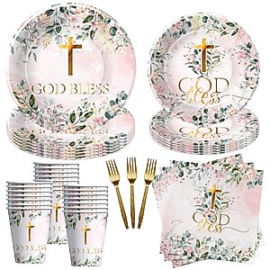 Suhelkit God Bless Baptism Decorations Tableware Girl - First Communion Decorations Supplies, Plate, Cup, Napkin, Fork, Baptism Plates And Napkins Set For Christening Baby Shower Religious | Serve 24