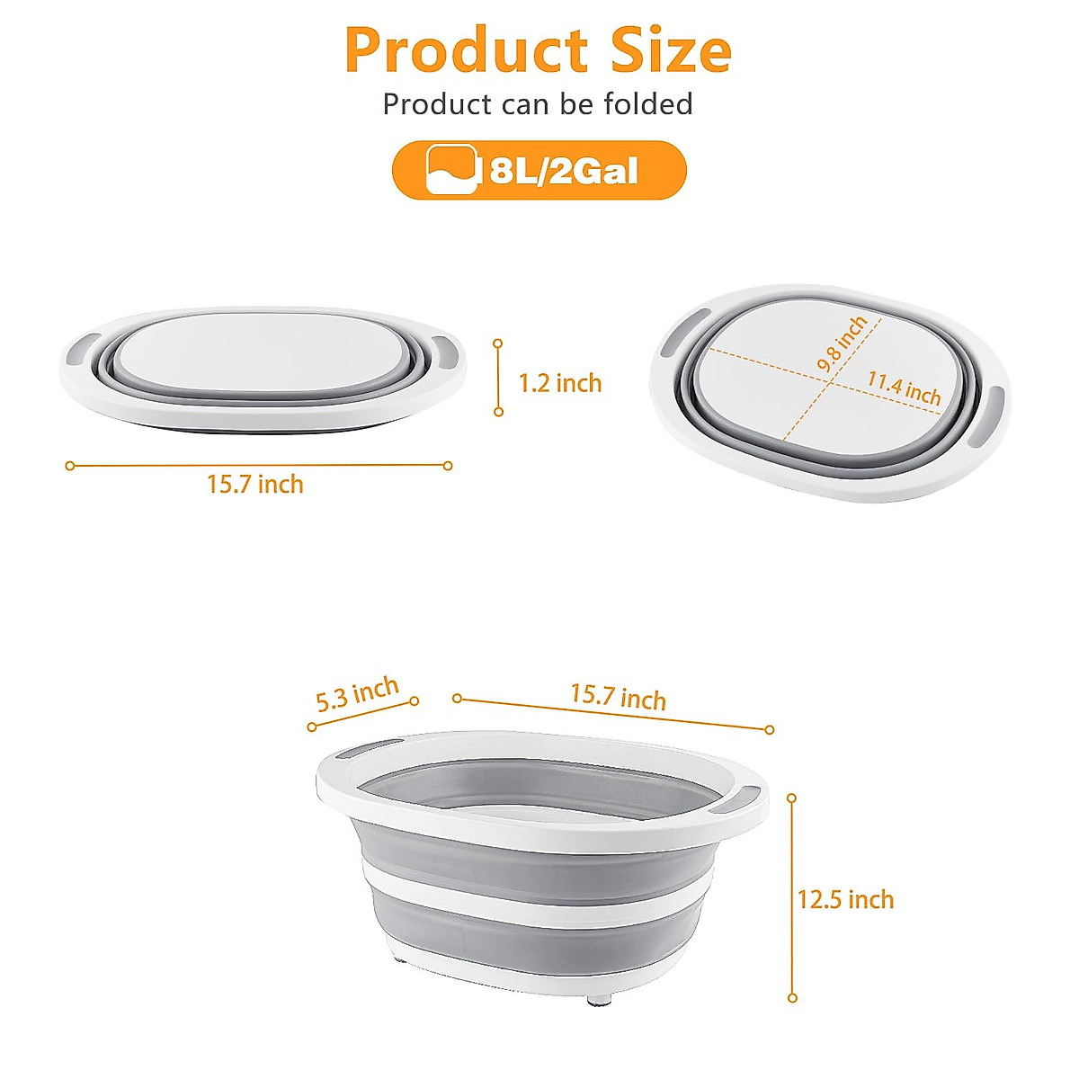 Collapsible Multi-Purpose Plastic Dish Basin 8L(2 Gallon), Space Saving Dish Tub, Folding Chopping Board, 3 in 1 Multifunction Camping Sink for Dish Washing, BBQ Prep, Camping (Gray-1)