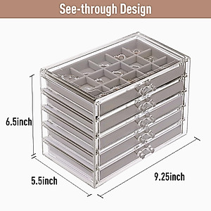Fixwal Earring Organizer with 5 Drawers, Acrylic Jewelry Organizer, Jewelry Box, Velvet Earring Holder Organizer for Earrings, Ring, Bracelet, Necklace (Gray)