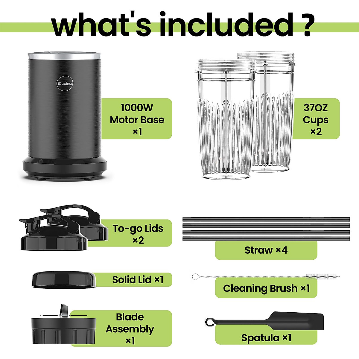 iCucina Blenders for Smoothies and Shakes, 1000W Personal Blender 32 oz * 2 To-Go Portable Cups with Lids for Frozen Fruits, Protein Drinks, Ices, 13 Pcs Blender Set for Kitchen