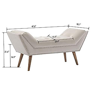 Kmax Upholstered Bedroom Bench with Arms, Button Tufted Velvet Fabric Vanity Bench with Nailhead Trim & Rubber Wood Legs, Cream