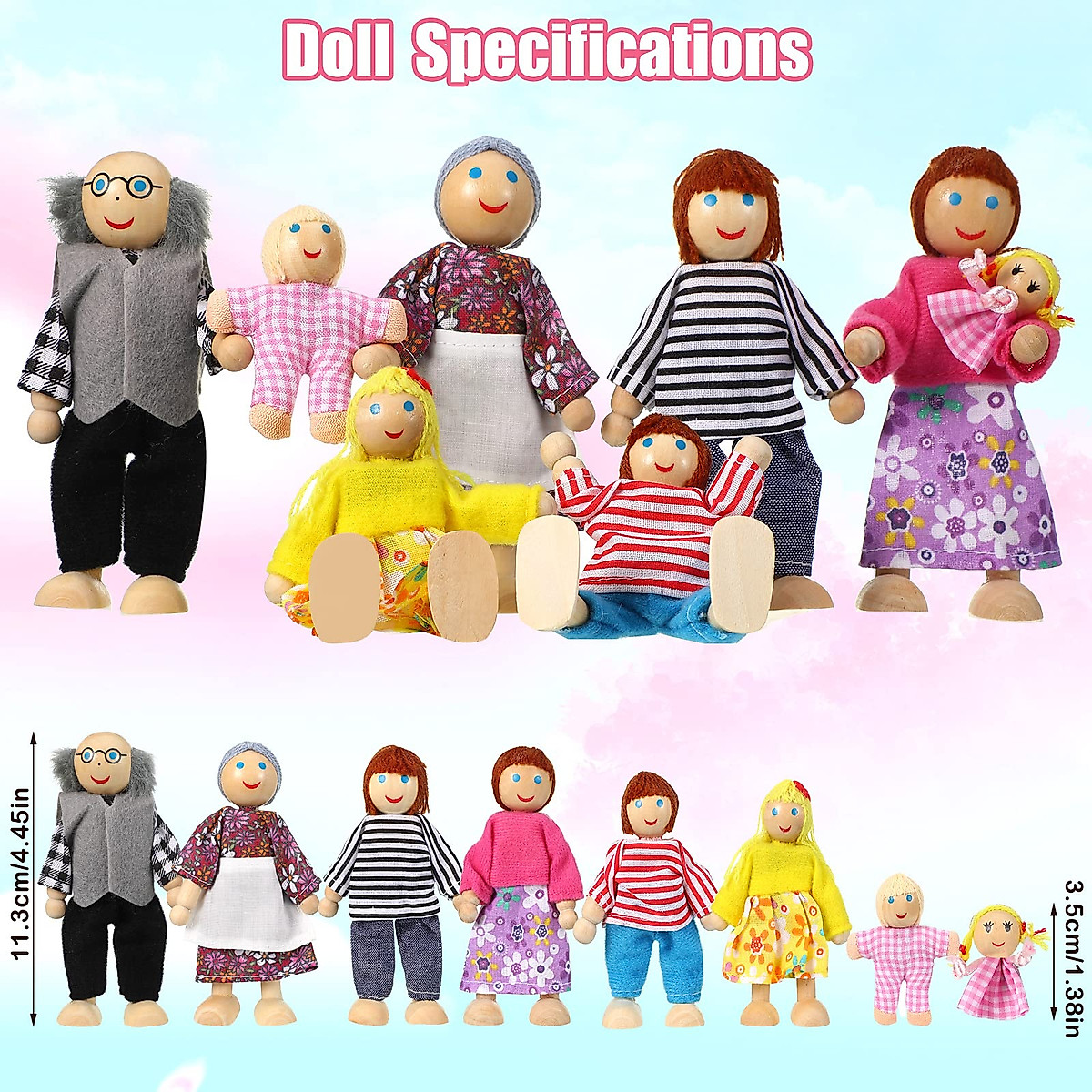 6 Sets of Wooden Dollhouse Furniture Set with 8 Dollhouse Family Figures 1:12 Playhouse Miniature Wood Toy Furniture and Accessories Kitchen, Bathroom, Living Room, Bedroom Pretend Play Toys