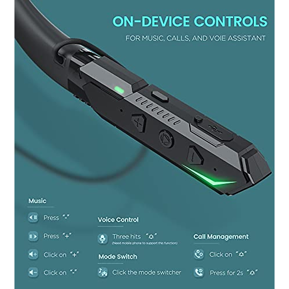 TNTOR Neckband Bluetooth Headphones with Microphone, Wireless Headphones Bluetooth 5.0 with Bright Green LED Ambient Light, Ultra Low Latency, Sweatproof for Gaming Running Sport