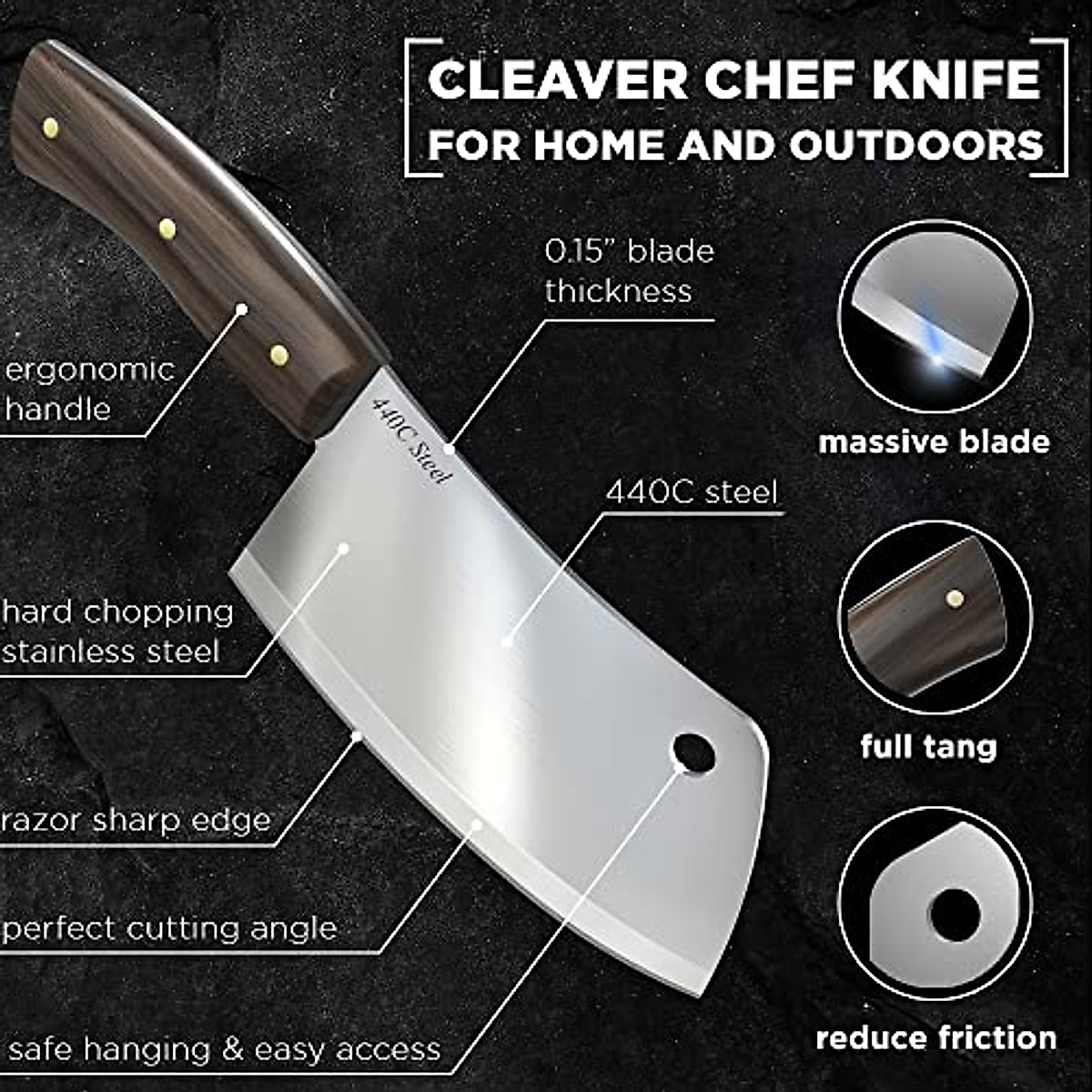 Grand Way Butcher Knife - Cleaver Knife for Meat Bone Vegetable Fruit Knife - Indoor Outdoor Cooking Utensil -