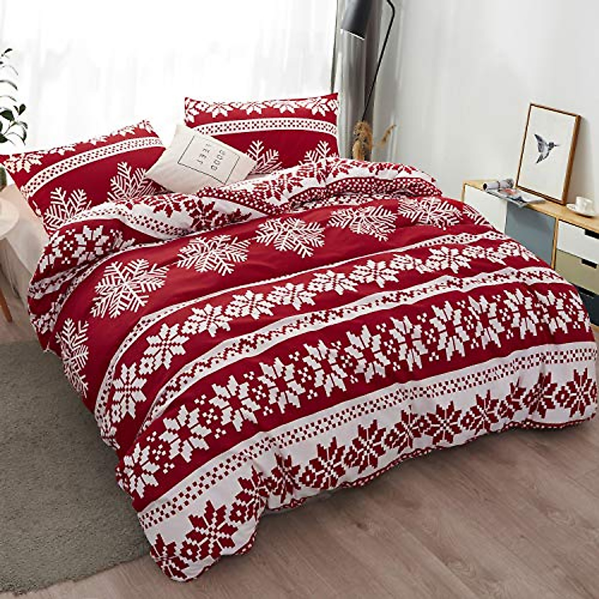 LAMEJOR Christmas Duvet Cover Set King Size Snowflake Pattern Holiday Bedding Set Comforter Cover(1 Duvet Cover+2 Pillowcases) Red