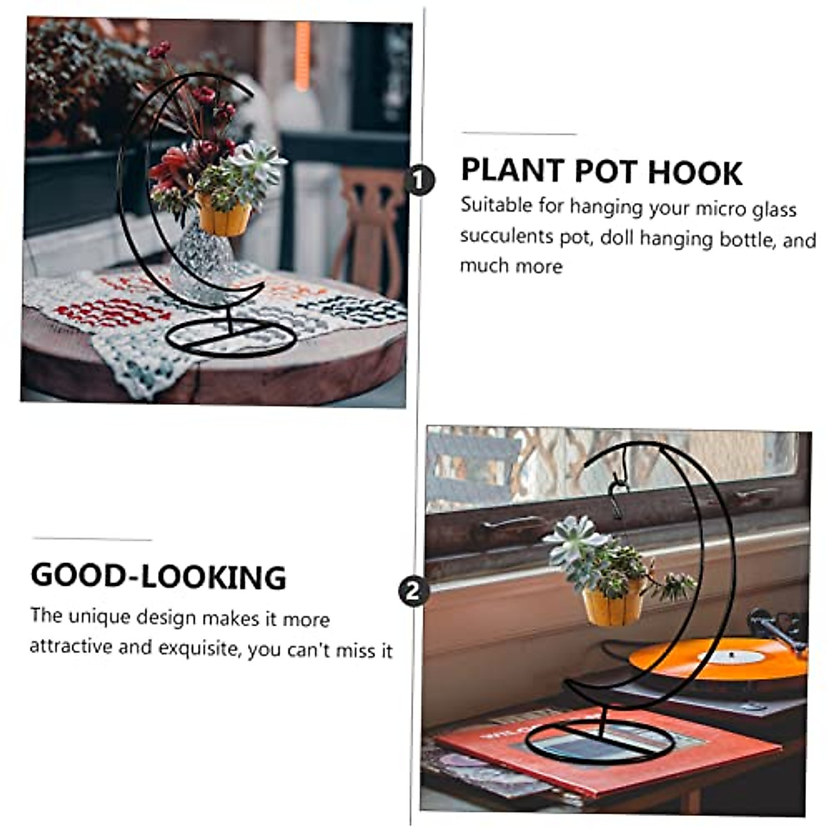 Happyyami 2pcs Moon Bracket Desktop Stand Garment Rack Small Plant Pot Hook Earth Ornament Wedding Decoration Rack Doll Hanging Basket Bracket Botanical Decor Air Plant Hanger Iron Black Air
