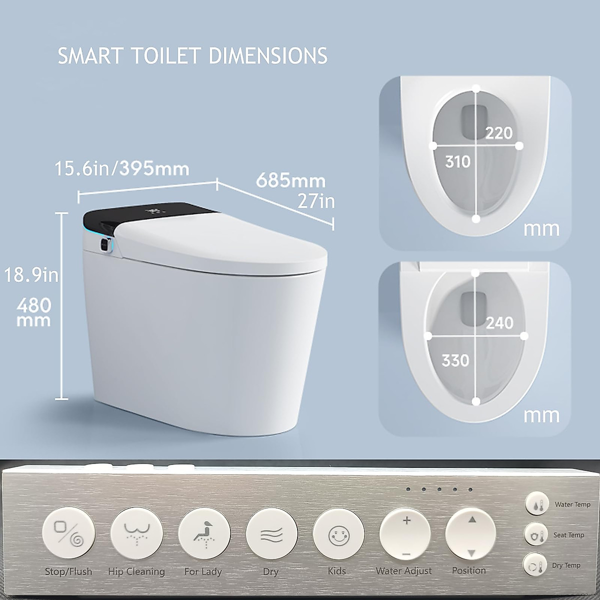 Smart Toilet With Bidet Built in Heated Seat, Auto Open/Close Lid, Modern Toilet Elongated, One Piece Tankless, LED Display, Night Light, Warm Water/Air Dry, Auto Flush, Foot Sensor, Remote Control