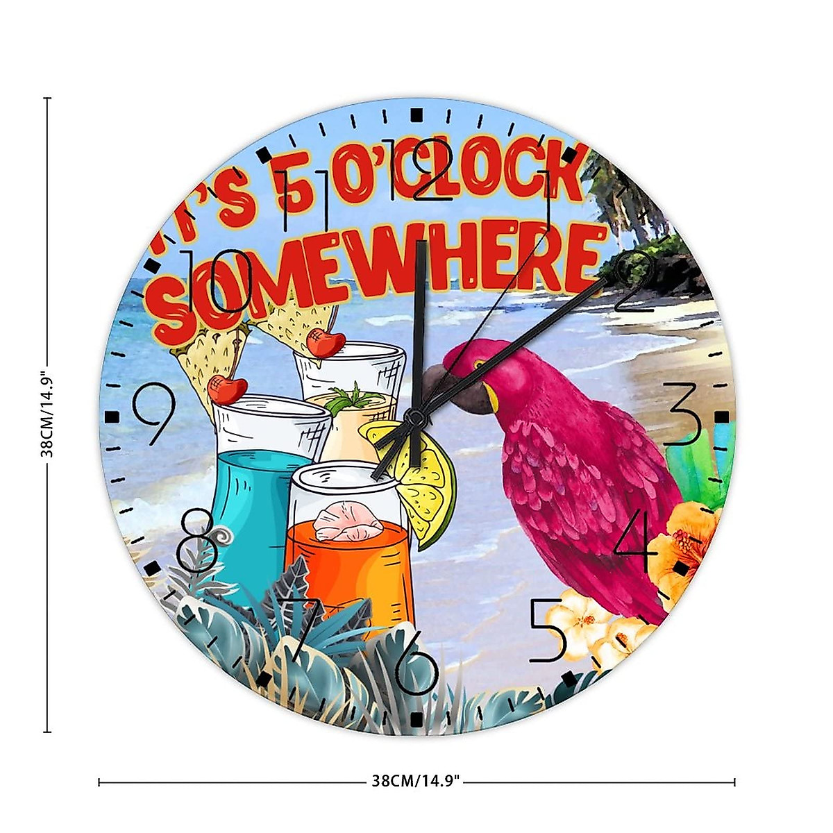 15 Inch Silent Non-Ticking Wall Clocks Battery Operated It's Five O'clock Somewhere Home Decor for Classroom Tiki Bar Pool Hot Tub Luau Custom Round Wooden Wall Clock Rustic for Auto Shop Entryway