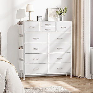 YaFiti 12 Drawer Dresser, Chest of Drawers for Bedroom, PU Dresser Drawers with Side Pockets, Hooks, Wooden Top and Sturdy Metal Frame for Living Room, Closet, Hallway (White)