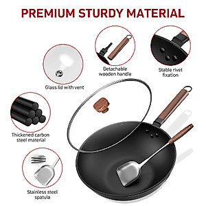 Eleulife Carbon Steel Wok, 13 Inch Wok Pan with Lid and Spatula, Nonstick Woks and Stir-fry Pans, No Chemical Coated Flat Bottom Chinese Wok for Induction, Electric, Gas, All Stoves