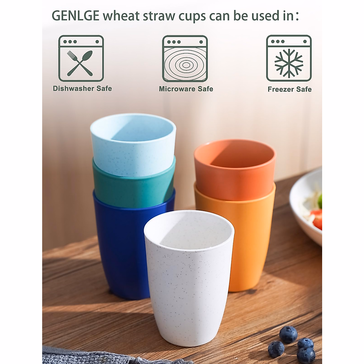 GENLGE Plastic Cups Reusable Wheat Straw Cups 12 OZ, Unbreakable Drinking Cups for Kitchen - BPA Free Cups Dishwasher Safe Plastic Tumbler Cups Cups Set of 6