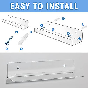 8 Packs 15 Inch Invisible Acrylic Floating Wall Shelf Wall Mounted Nursery Kids Bookshelf Display Shelves Toy Storage Wall Shelf Storage Shelves Display Organizer (Clear)