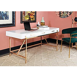 OSP Home Furnishings Broadway Modern Executive Desk with 3 Drawers and Charging Station, White Gloss Finish and Gold Frame