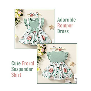 HIGHUZZA Baby Girl Clothes 3-6 Months Newborn Romper Summer Dress Infant Outfits Fly Sleeve Floral Clothing Suspender Headband Overall Skirt Set Green