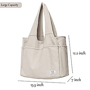 KYALOU Large Canvas Tote Bag for Women & Men, Casual Shoulder Bags with 13 Exterior & Interior Pockets for Work School Gym Beach Travel Shopping Grocery (Light Gray)