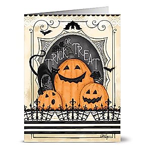 Note Card Cafe Halloween Cards with Tangerine Zest Envelopes | 24 Pack | Trick or Treat Jack-O-Lanterns Design | Blank Inside, Glossy Finish | Greeting, Pumpkin, Fall