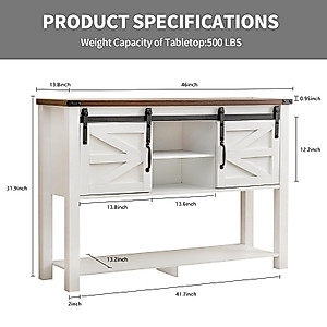 GAZHOME Entryway Table with Sliding Barn Doors, 46'' Farmhouse Console Table with Storage, Rustic Sofa Table with Adjustable Shelf & Open Shelf for Entry Way, Hallway, Living Room, White