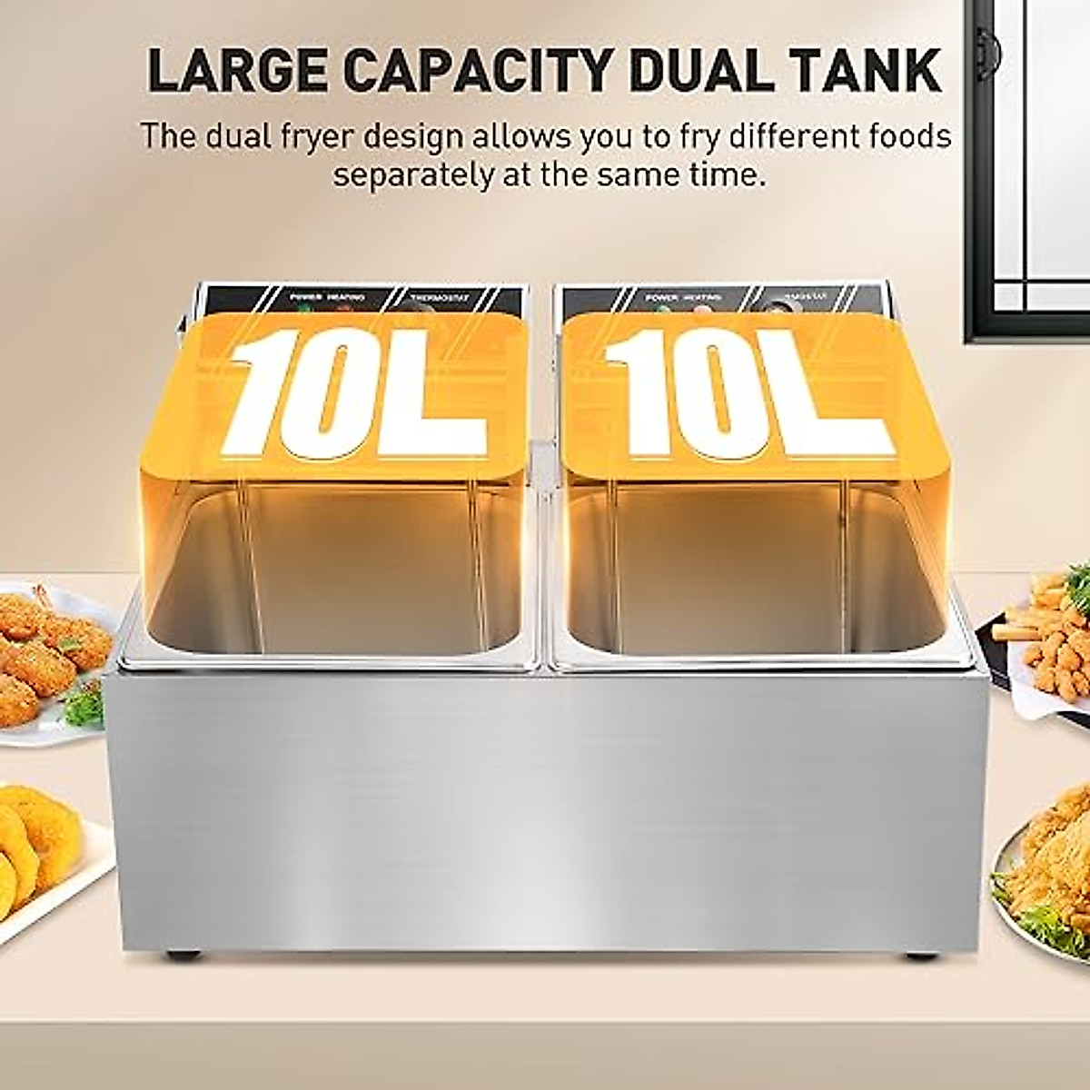 Rengue Commercial Deep Fryer 10.57QT x 2 Large Electric Deep Fryer with 2 Baskets and 2 Lids Countertop Fryer with Constant Temperature Control System for Restaurant and Home Use 3400W