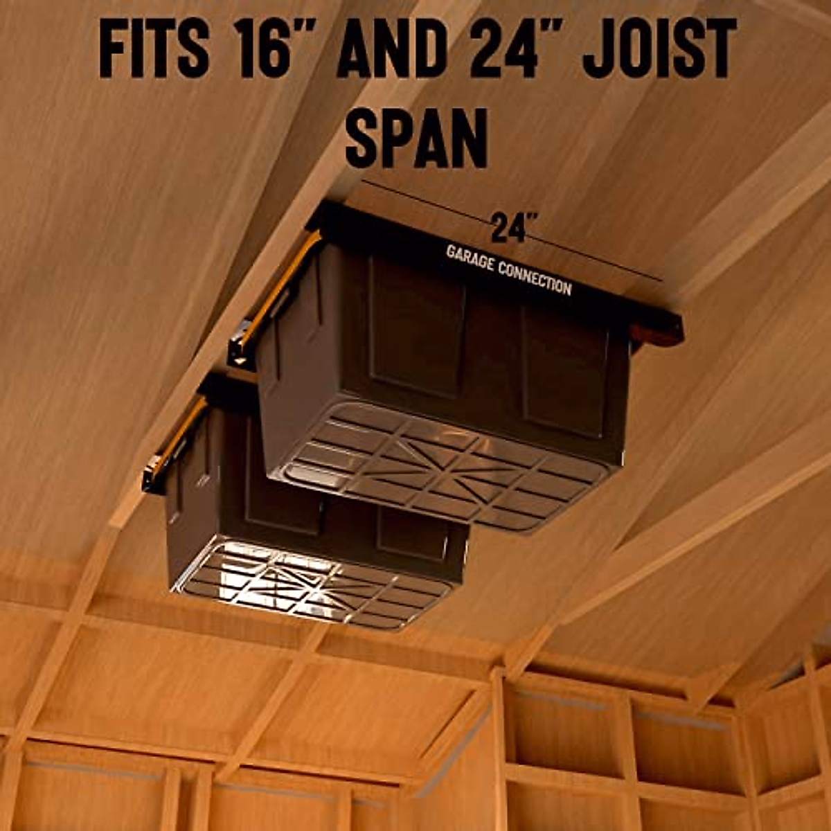 Overhead Garage Storage Bin Rack - Ceiling Bracket for Holding Gallon Tote - Organization Steel Black Shelving and Track (2 Pack)