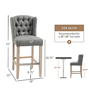 HOMCOM Counter Height Bar Stools Set of 2, 27" Seat Height Upholstered Barstools, Farmhouse Kitchen Island Stools with Nailhead-Trim, Tufted Back and Wooden Legs, Light Gray