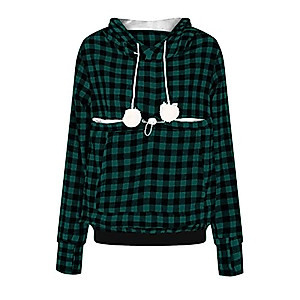 Mackneog Cat Hoodies Hoodie with Cat Pouch Hooded Loose Fitting Cat Bag Sweater Cat Pouch Plaid Puppy Pouch Winter Fall Green