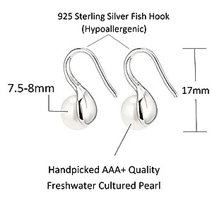 925 Sterling Silver Hoop Handpicked AAA+ Quality 7.5-8mm White Freshwater Cultured Pearl Dangle Drop Earrings Jewelry for Women