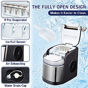 OUTGAVA Ice Maker Machine Countertop Portable Ice Cube Maker,Compact Automatic Ice Making Machine with Ice Scoop&Basket,26Lbs/24H,9 Cubes in 6-8 Minutes,2 Size(S/L) for Kitchen Bar Office,Black