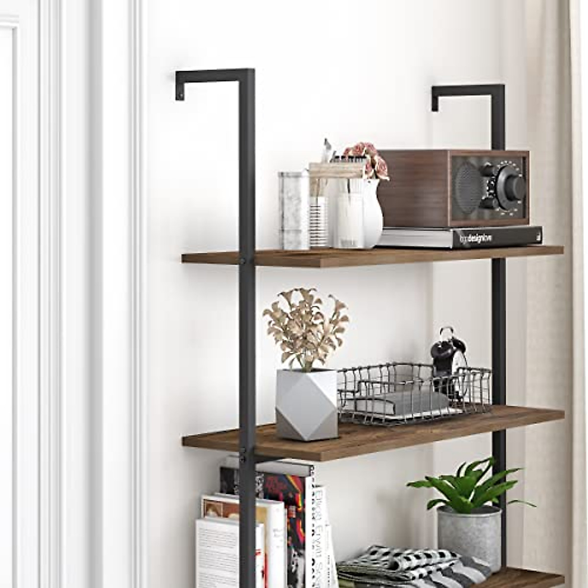 Usinso Wood Metal Ladder Bookshelf, Industrial 4-Tier Black Bookcase with Wide Storage Cabinet, Rutic Brown and Black Bookshelf for Living Room, Shelves for Storage Bedroom, 30L x 13W x 70H Inch