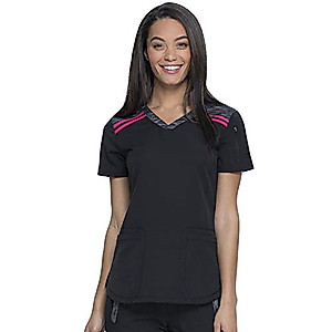 Dickies Dynamix Womens Tops, Athletic-Inspired Mélange V-Neck Scrub Top with Four-Way Stretch and Moisture Wicking DK740, XL, Black/Hot Pink
