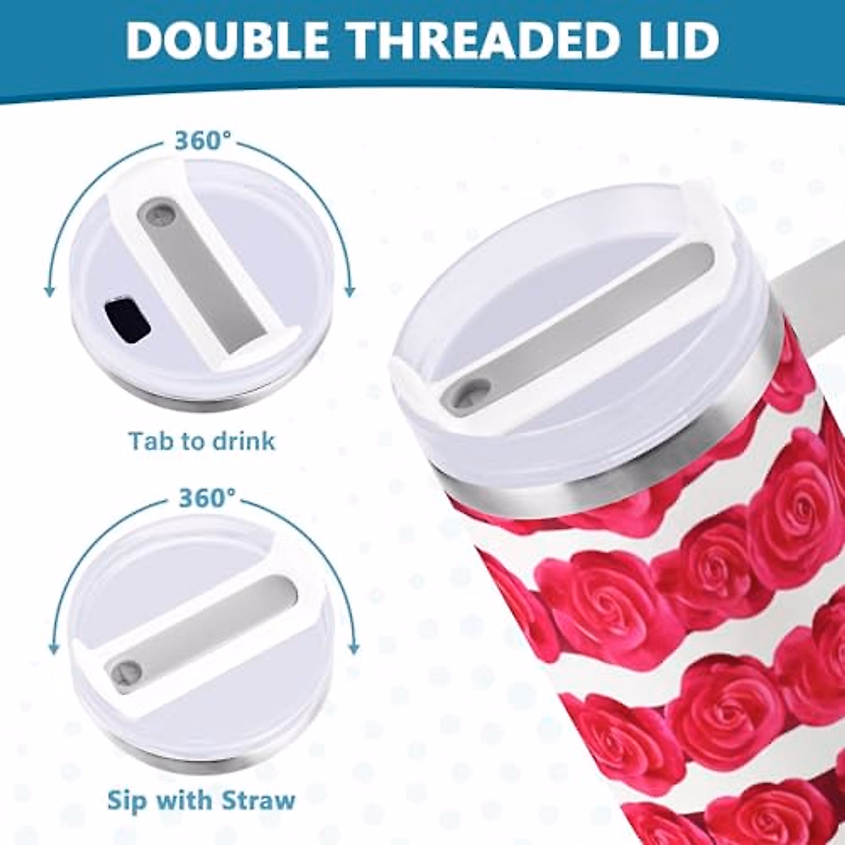 ODAWA Large Red Roses American Flag Insulated Tumblers with Handle and Straw Lid, 2 in 1 Lid Insulated Stainless Steel Tumblers