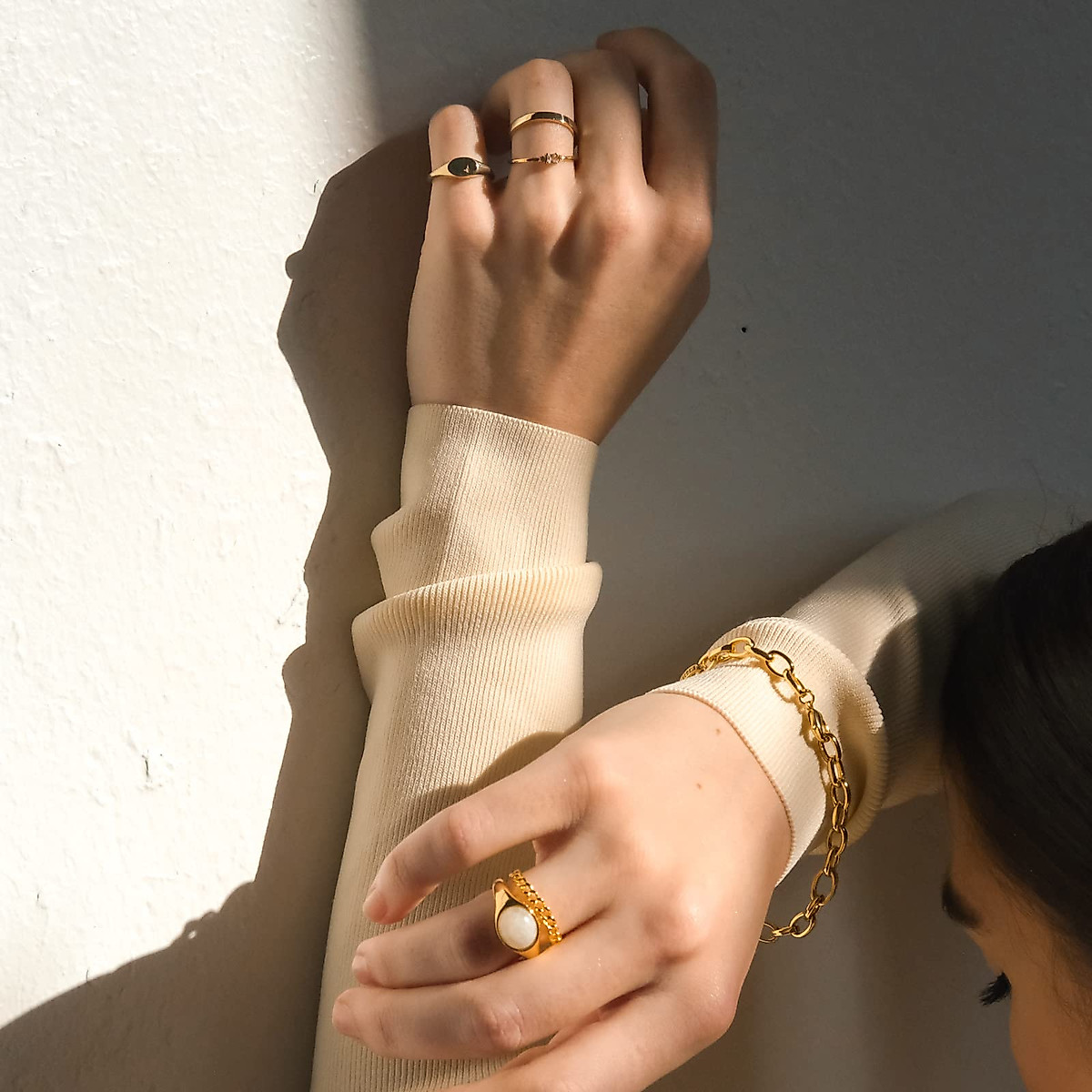 espere 18K Gold Plated Tiny Signet Ring Oval Pinky Stacking Ring North Star Dainty Gold Rings for Women