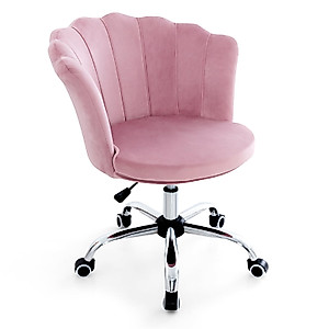 Giantex Velvet Home Office Chair, Modern Cute Shell Back Upholstered Desk Chair with Wheels, Adjustable Swivel Task Chair, Comfy Vanity Chair for Girls Women Bedroom, Pink
