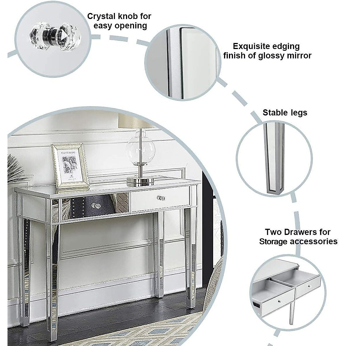 Mirrored Console Table with 2 Drawer, Silver Mirrored Makeup Dressing Table Vanity Desk, Modern Writing Desk Media Table for Bedroom Entryway Home Office