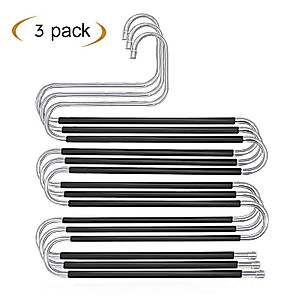 HonTop 3 Pack Pants Hangers S-Shape 5 Layers Stainless Steel with Black Silicone Coating Multi Clothes Cascading Pants Hangers Space Saving Clothes Organizer for Jeans Pants Scarf Ties Towels