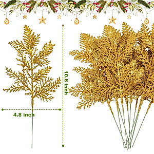 TORINALITAL 22PCS Christmas Tree Picks Sprays, Gold Glitter Artificial Pine Needles Faux Christmas Floral Picks Branches for Christmas Tree Wreath Wedding Bouquet Winter Seasonal Holiday Decoration