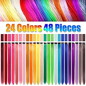 48 Pcs Colorful Straight Hair Extensions Clip in 21 Inch Rainbow Multi-color Clip in Synthetic Long Hairpiece Party Highlights Colorful Clip in Hair Extensions for women girls kids gift