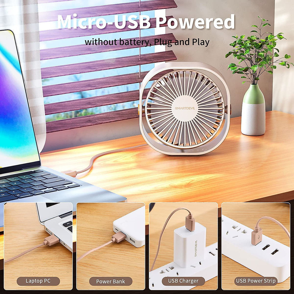 SMARTDEVIL Small Personal USB Desk Fan, 3 Speeds Portable Desktop Table Cooling Fan Powered by USB, Strong Wind, Quiet Operation, for Home Office Car Outdoor Travel (Light Brown)