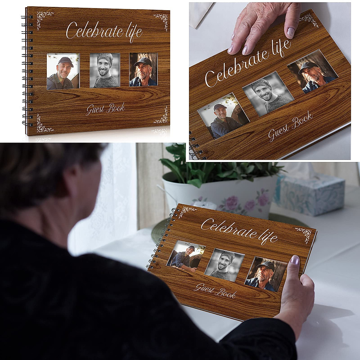 Kathfly Funeral Guest Books with Picture Pocket for Memorial Service Celebration of Life Memory Book for Funeral for Address Name, 48 Pages/ 96 Sheets, 11 x 8.5 Inch(Wood Grain)
