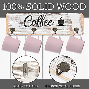 LotFancy Coffee Mug Holder, Rustic Wall Mounted Mug Rack with 12 Cup Hangers, Farmhouse Wood Cup Organizer for Home, Office, Kitchen Display Storage Collection, White Coffee Nook Décor