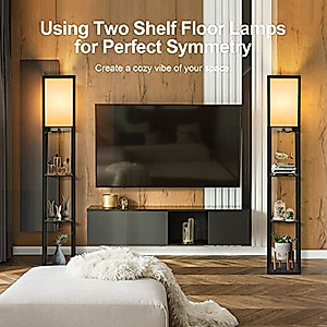 Outon Floor Lamp with Shelves, LED Column Modern Floor Lamp with USB Port & Power Outlet, Memory Function, Wood Standing Lamp with White Linen Texture Shade for Living Room, Bedroom, Office (Black)