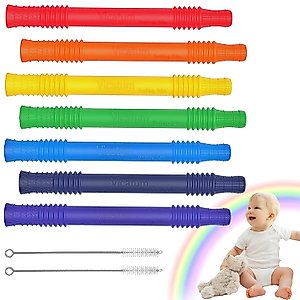 Baby Teething Toys 7 Pack, Soft Silicone Baby Teether Tubes, Baby Hollow Teether Sensory Toys Gum Massager, BPA Free & Freezer Safe