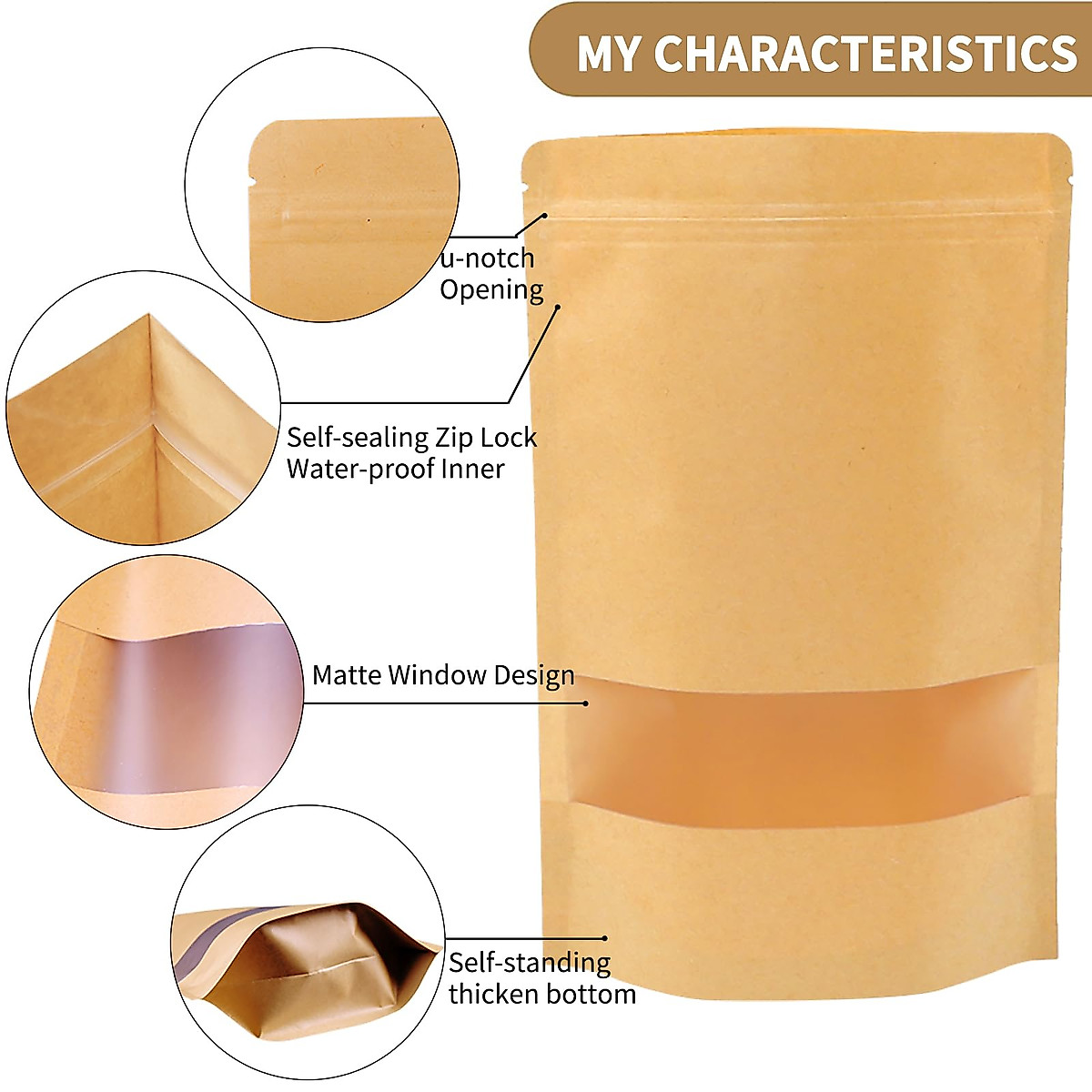 Moretoes 72pcs Stand Up Pouch Bags, 7x10 Inches Kraft Paper Ziplock Bags with Window,Resealable Pouches for Coffee, Applicable to Home or Business for Packaging