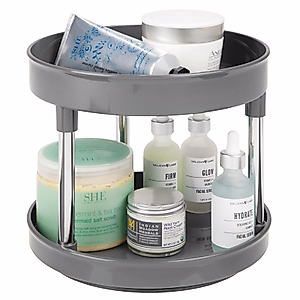 mDesign 2 Tier Lazy Susan Turntable Food Storage Container for Cabinets, Pantry, Fridge, Countertops - Raised Edge, Spinning Organizer for Spices, Condiments - 9" Round - Charcoal Gray/Chrome