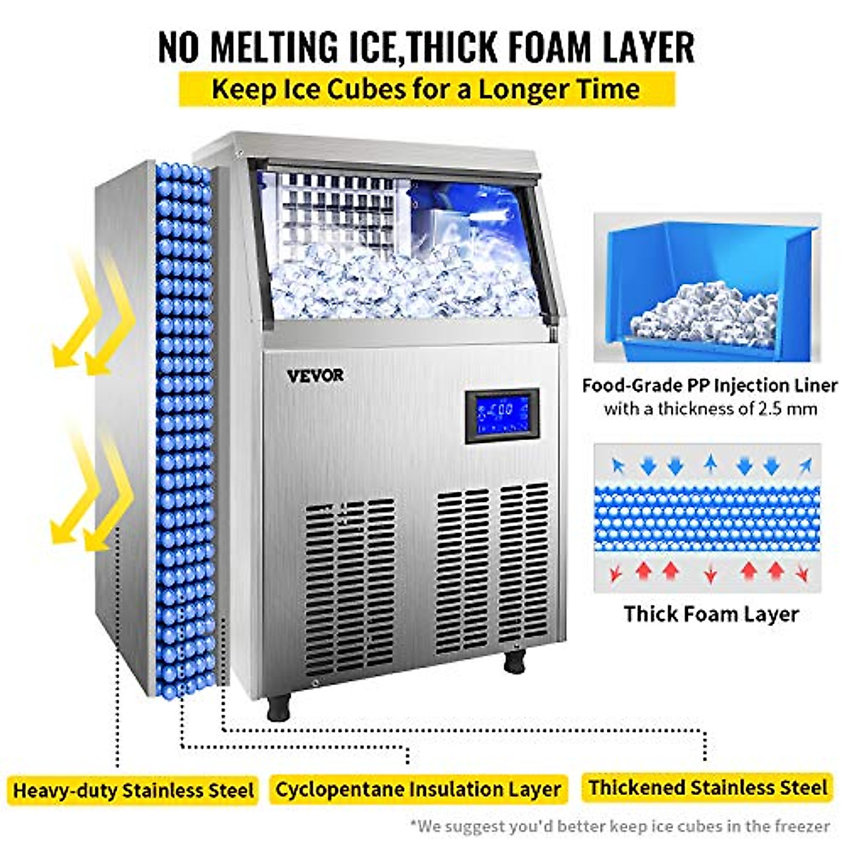 VEVOR 110V Commercial ice Maker 110-120LBS/24H with 33LBS Bin and Electric Water Drain Pump, Clear Cube, Stainless Steel Construction, Auto Operation, Include Water Filter 2 Scoops and Connection Hose