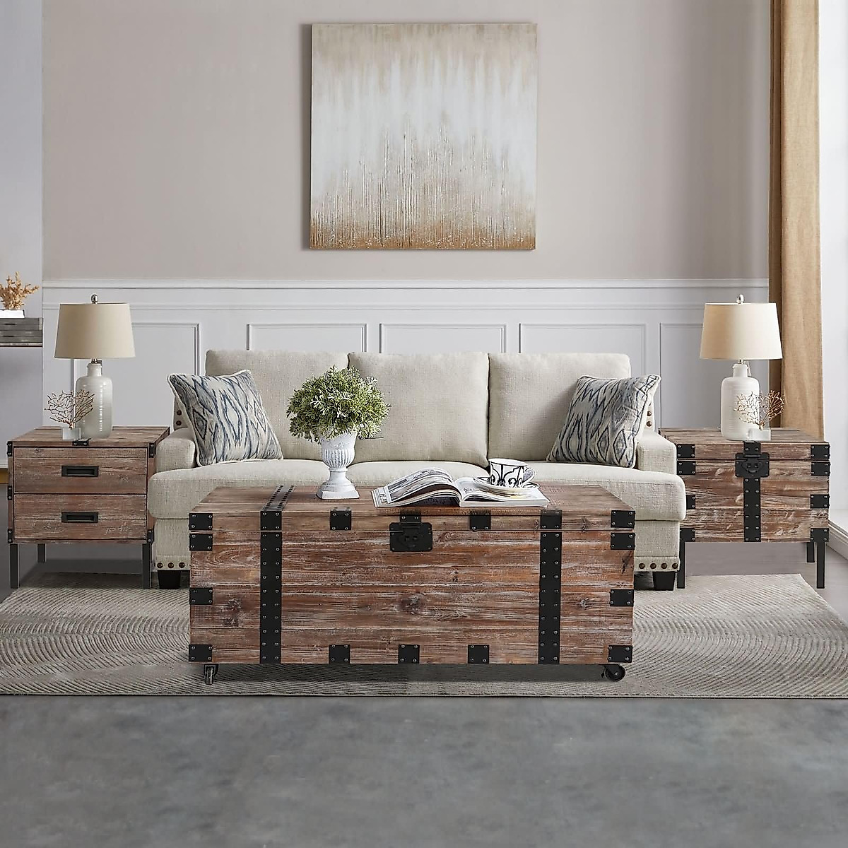 Mesnt Storage Cabinet for Bedroom, Antique Wood Gray Trunk Table and Side Table with Large Storage Dress Up Your Living Room